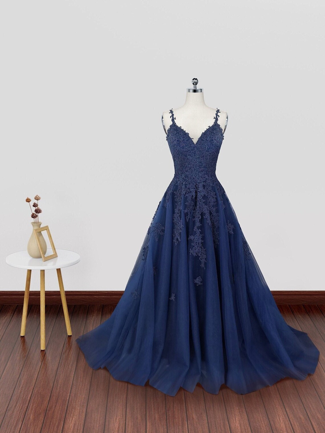 A Line V Neck Dark Navy Blue Lace Prom Dresses on Luulla