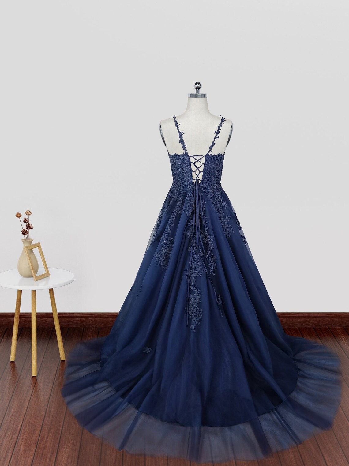 A Line V Neck Dark Navy Blue Lace Prom Dresses on Luulla