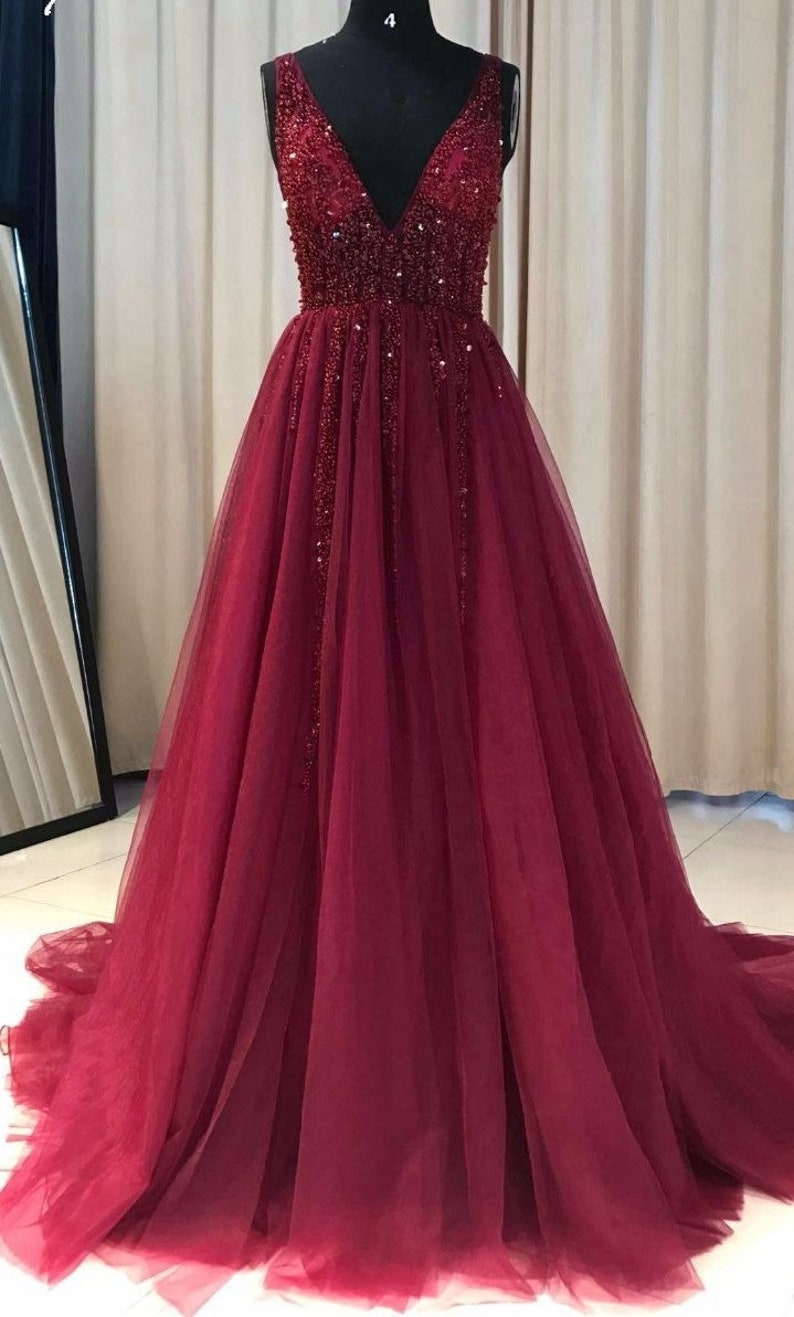 Burgundy Prom Dress Low Cut Evening Gown Graduation Party Dress on Luulla